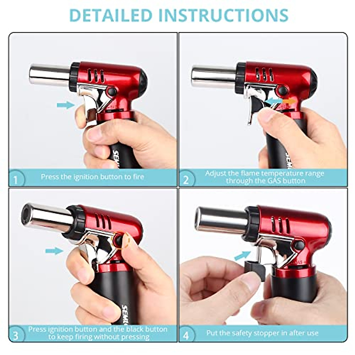 Semlos Butane Torch with Fuel Gauge, Refillable Cooking Torch Lighter, One-handed Operation Blow Torch with Safety Lock and Adjustable Flame, Fit All Butane Tanks Kitchen Torch for Creme Brûlée, BBQ