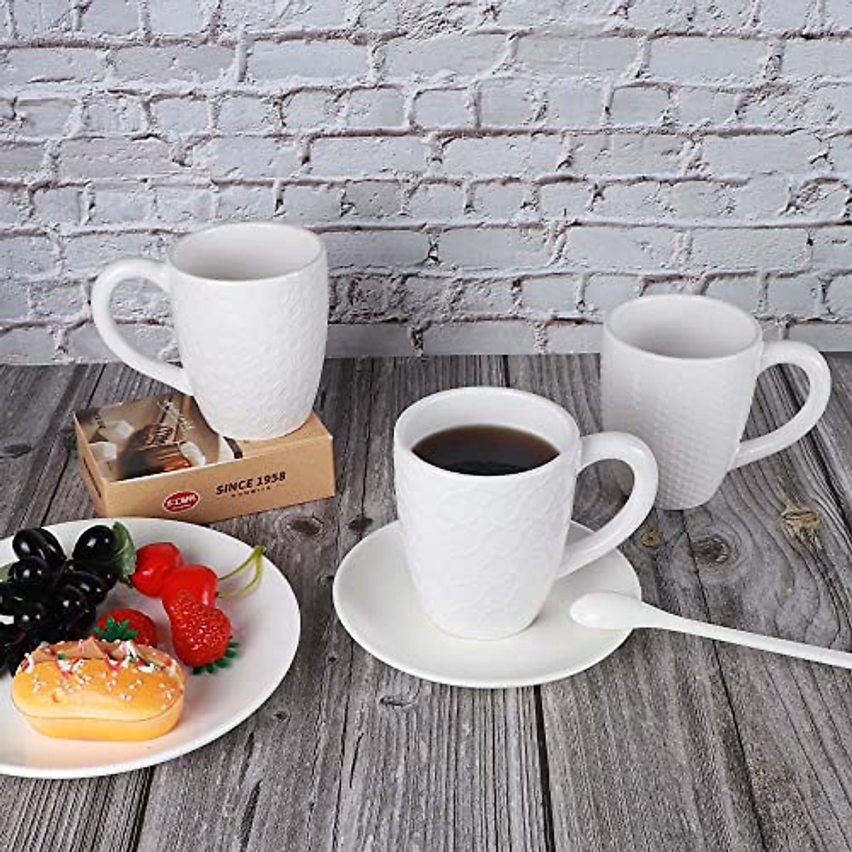 Hoikwo Gifts Mugs, White Stylish Coffee Mugs Set of 6, 11.8 Oz White Ceramic Stoneware Different Patterns Mugs Cups with Handle for Coffee, Tea, Cocoa, Milk, Compatible with Various Kitchen