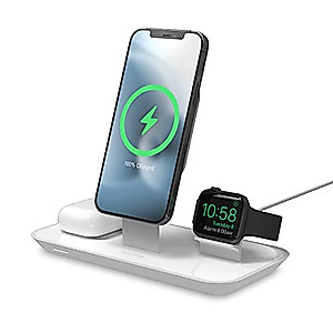 mophie 3-in-1 Magsafe Wireless Charging Stand for Apple iPhone, AirPods/AirPods Pro & Watch, 15W Super-Fast Charging, Stylish Gloss Finish - White (MagSafe charger not included)