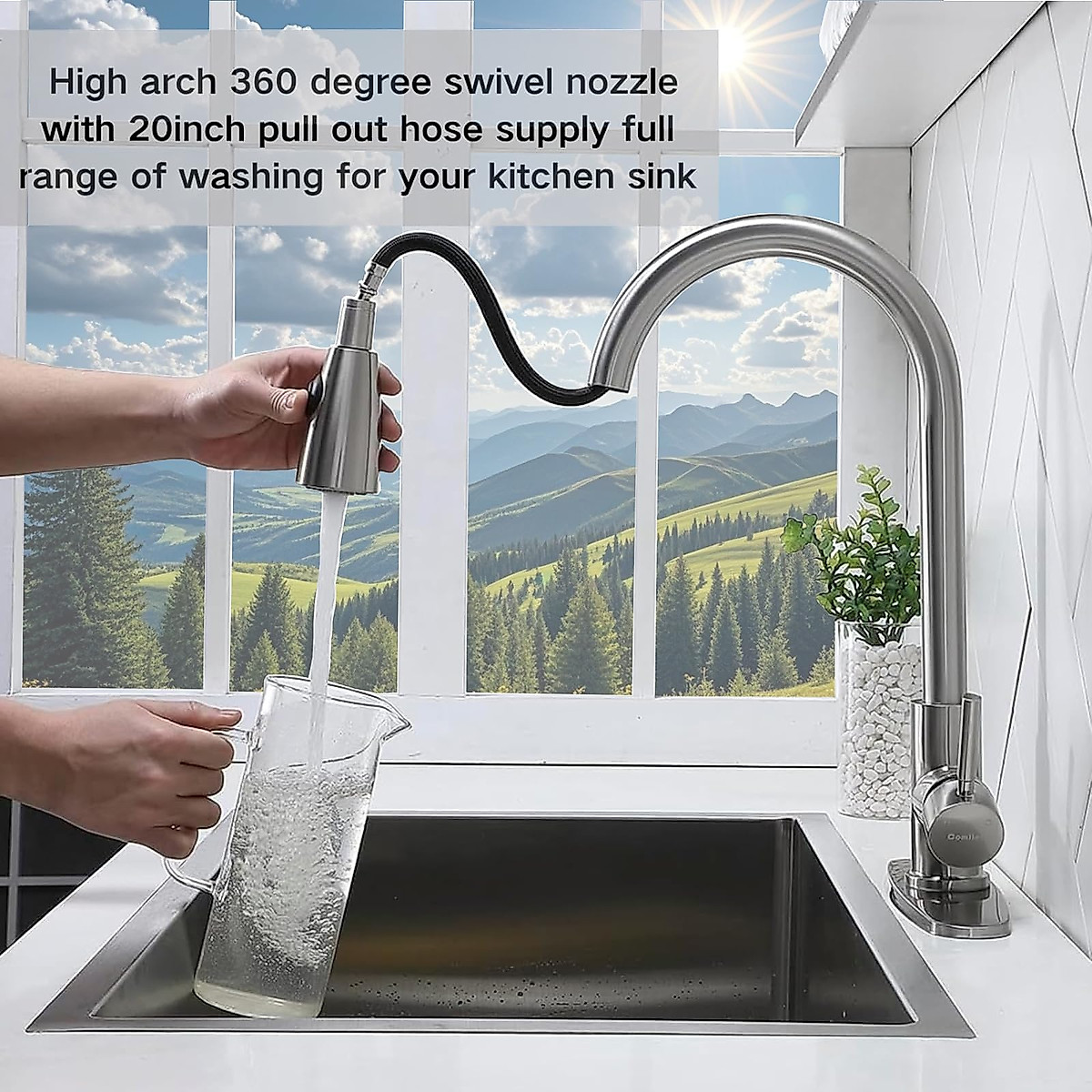 Comllen Single Handle Brushed Nickel Kitchen Faucet, High Arc Stainless Steel Kitchen Sink Faucet with Pull Down Sprayer, Modern Pull Out Faucet for Kitchen Sink with Deck Plate
