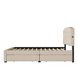 Luxo Abode Queen Size Upholstered Platform Bed with 2 Drawers and 1 Twin XL Size Trundle, Classic Headboard Design, No Box Spring Need and Easy to Assembly,for Bedroom, Guest Room, Apartment, Beige