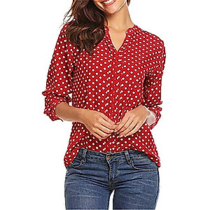 Andongnywell Women's Dots Roll Long Sleeve Blouse Shirt Dot Printed V-Neck Long Sleeve Ladies T Shirt (Red,6,3X-Large)