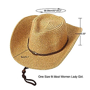 Lanzom Womens Straw Beach Sun Hat Packable Summer Cowboy Straw Hats with Wind Lanyard (Khaki, Medium)