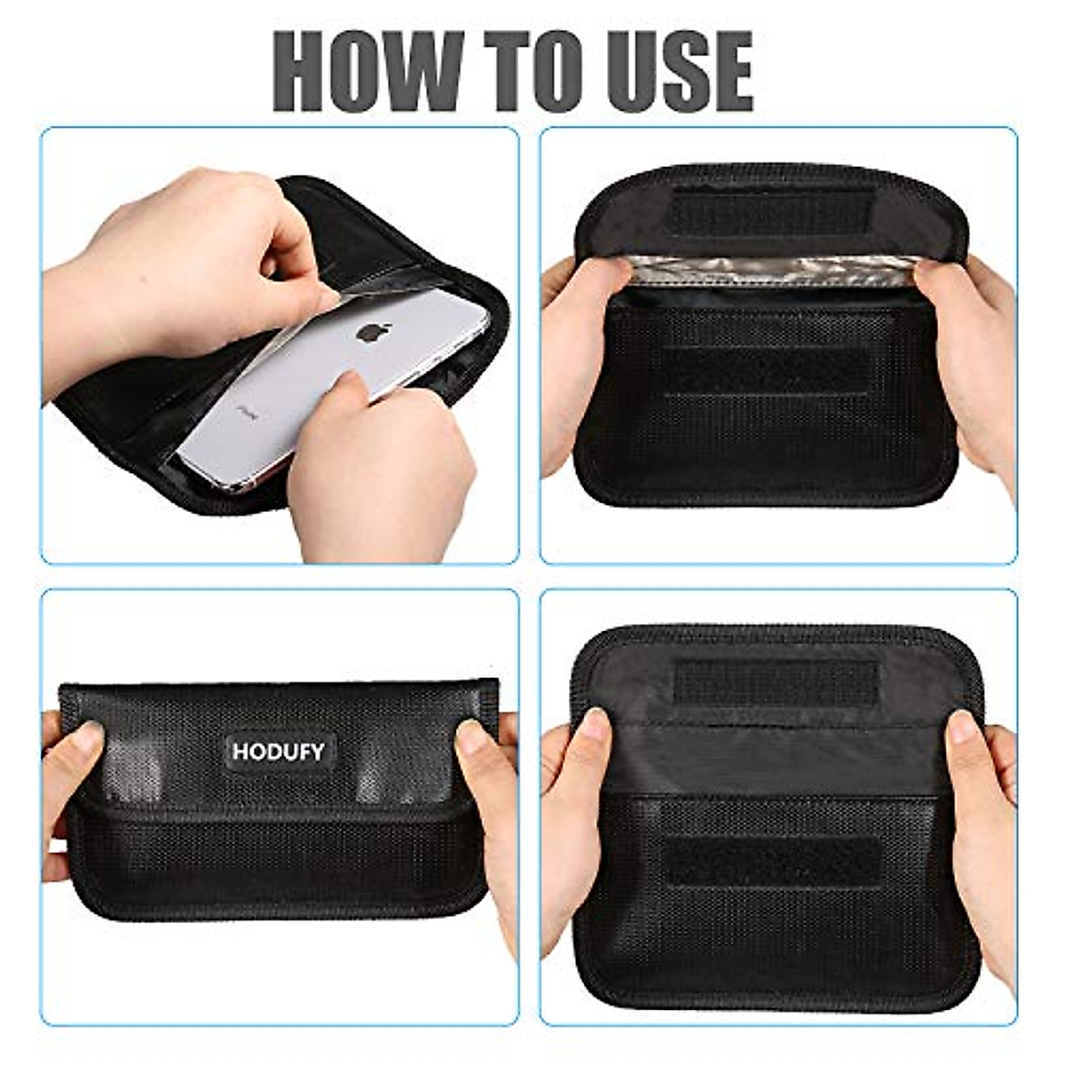 Hodufy Faraday Bags, Fireproof & Waterproof Faraday Key Fob Protector, Cell Phone Signal Jammer, Faraday Cage, Car RFID Signal Blocking (Black)