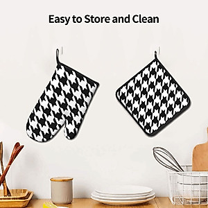 Houndstooth Black Print Oven Mitts and Pot Holders Sets,Non-Slip Heat Resistant Oven Mitts for Home Cooking, Baking,BBQ,Grilling,Holders for Kitchen