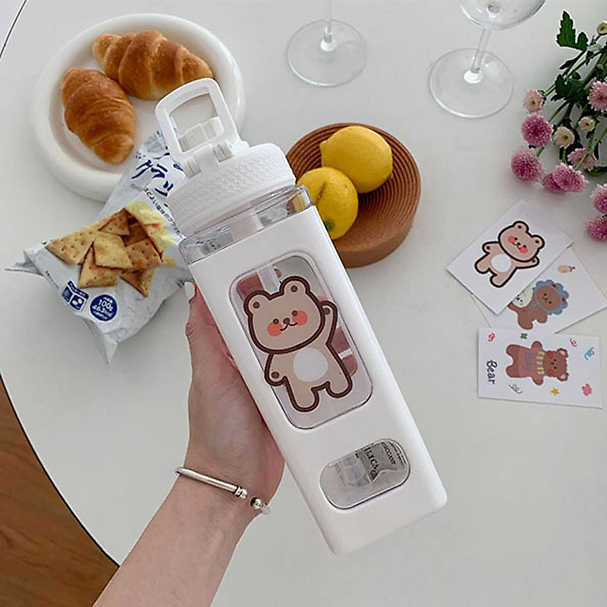 YFGBCX Kawaii Water Bottle with Straw and Sticker 23.6oz No Leak Large Cute Kawaii Bear Water Bottles Sport Plastic Portable Square Drinking Bottle for Kids Girls School Supplies