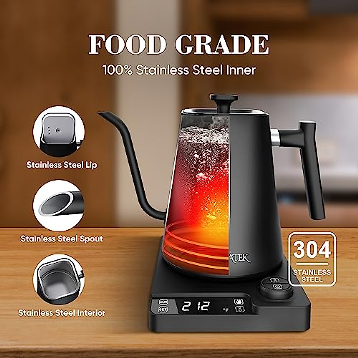 EVATEK Gooseneck Electric Kettle Temperature Control, 1L Electric Tea Kettle with Auto Shut-off, Keep Warm for 1-24h, Dry Burning Protection, 1200W Stainless Steel Pour-Over Coffee Kettle