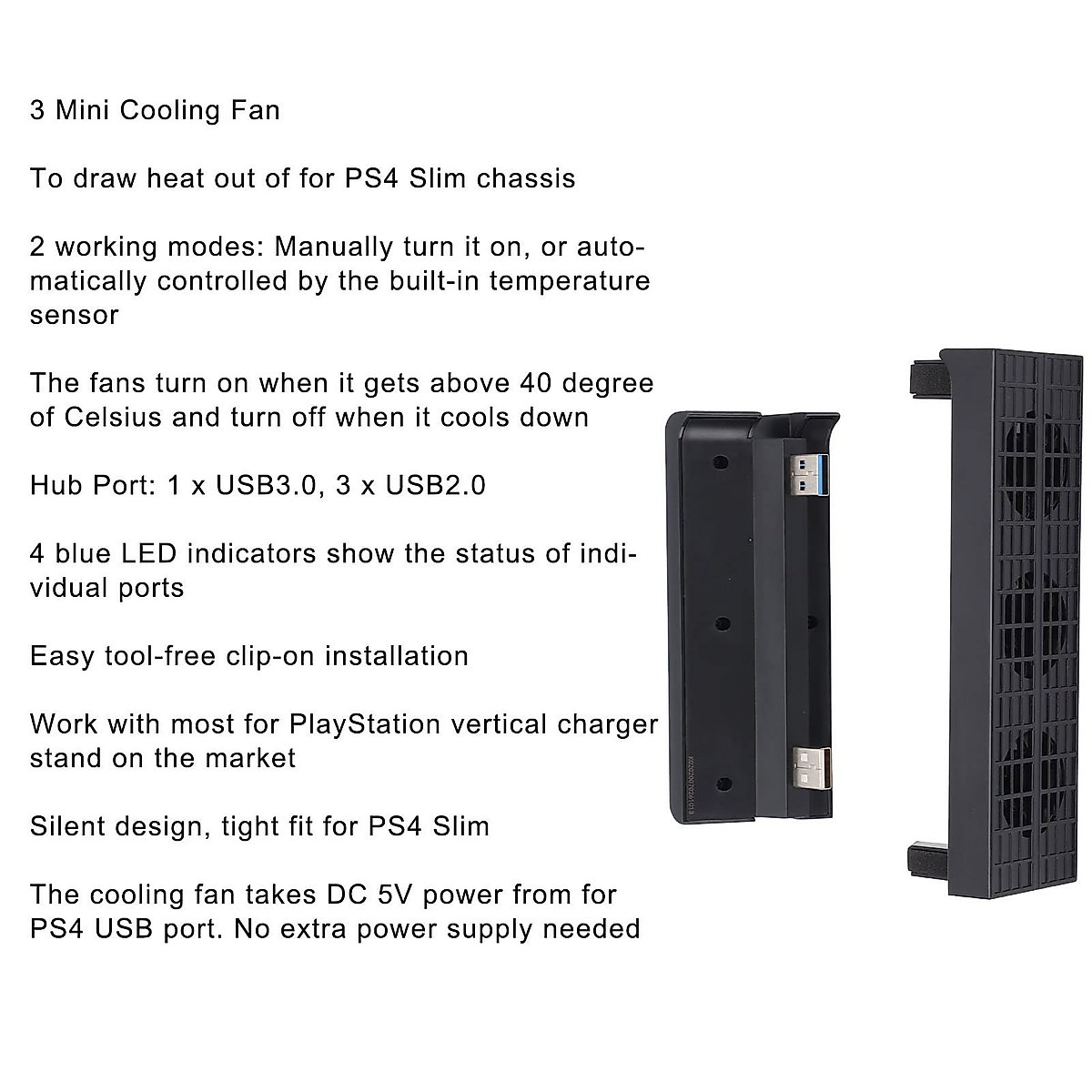 Kafuty-1 Cooling Fan and USB Hub Combination Kit for PS4 Slim Console System,4-Port USB 3.0 Adapter Splitter,Automatic Temperature Sensor Controlled Cooler,for Playstation 4 Slim