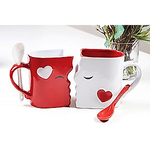 Blu Devil Kissing Mugs Set, Anniversary & Wedding Gifts, Exquisitely Crafted Two Large Cups & Spoons for Couples, for Him and Her on Valentines, Birthday, Engagement