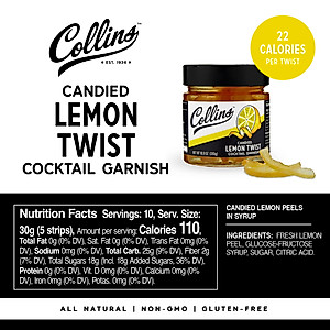 Collins Lemon Twist in Syrup Candied Citrus Peel - Popular Cocktail Garnish for Margarita, Martini, Lemon Drop, Old Fashioned Drinks, Peel for Baking - 10.9oz Jar