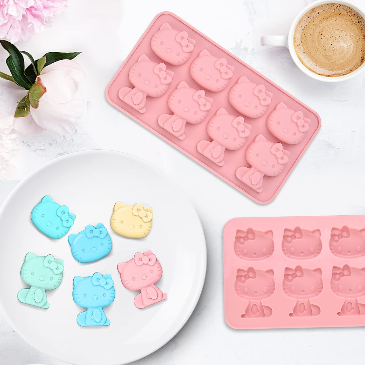 Hello Kitty Silicone molds,Small ice mold,Chocolate tray for Sugarcraft, Birthday Cake Decoration, Gum paste Icing, Candy Chocolate Cupcake Topper Decorating and DIY Baking Tools 8 Cups 2 pack