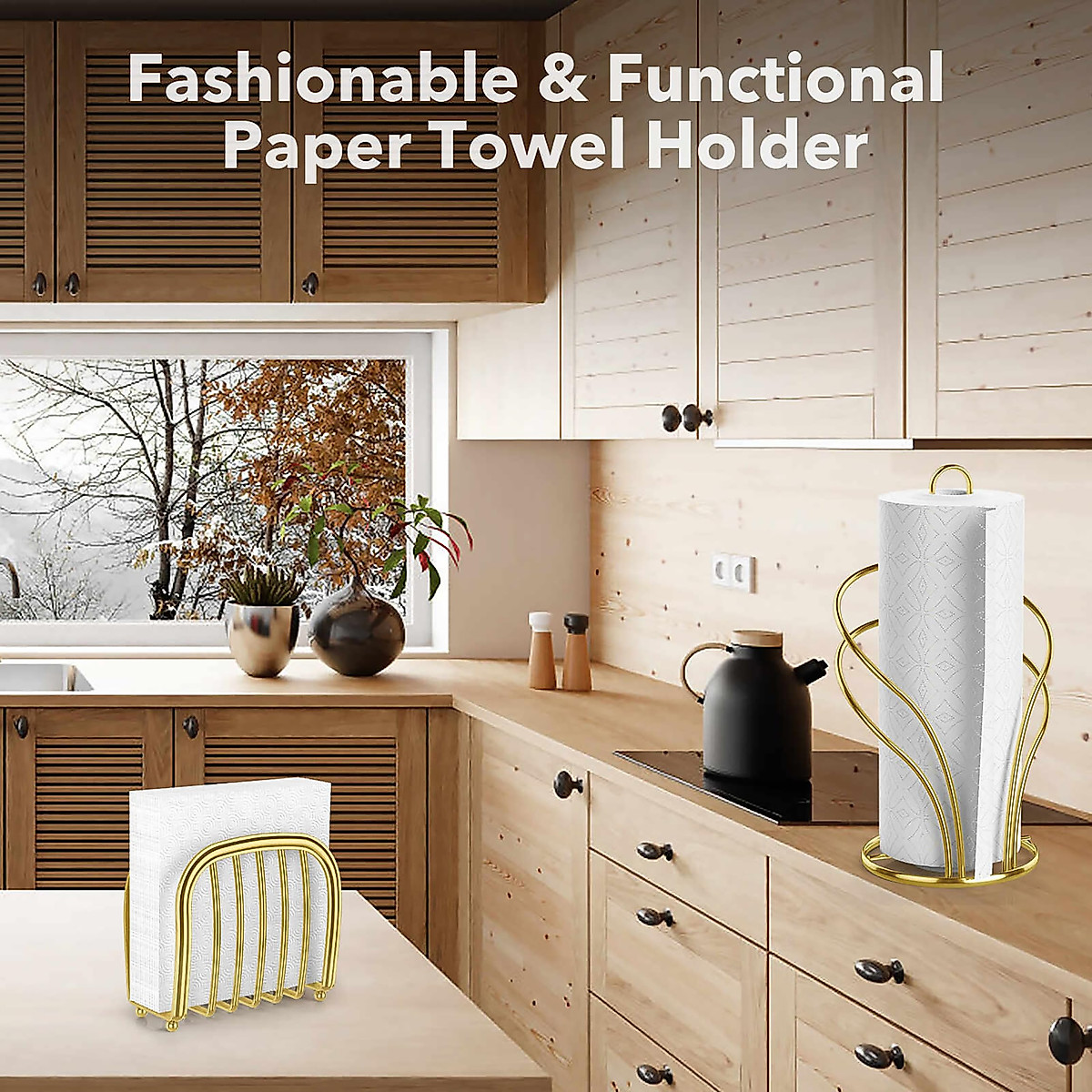 2 Pack Paper Towel Holder Under Cabinet, Self-Adhesive Paper Towel Bar, Paper Towels Rolls Holder Under Counter Wall Mount for Kitchen Bathroom Cabinets Towel Rack Stainless Steel - 13.2''/Black