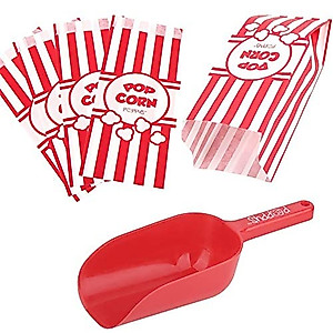 Poppy's Plastic Popcorn Scoop Bundle - 200 Bags and Plastic Popcorn Scooper, Popcorn Machine Accessories for Popcorn Bars, Movie Nights, Concessions