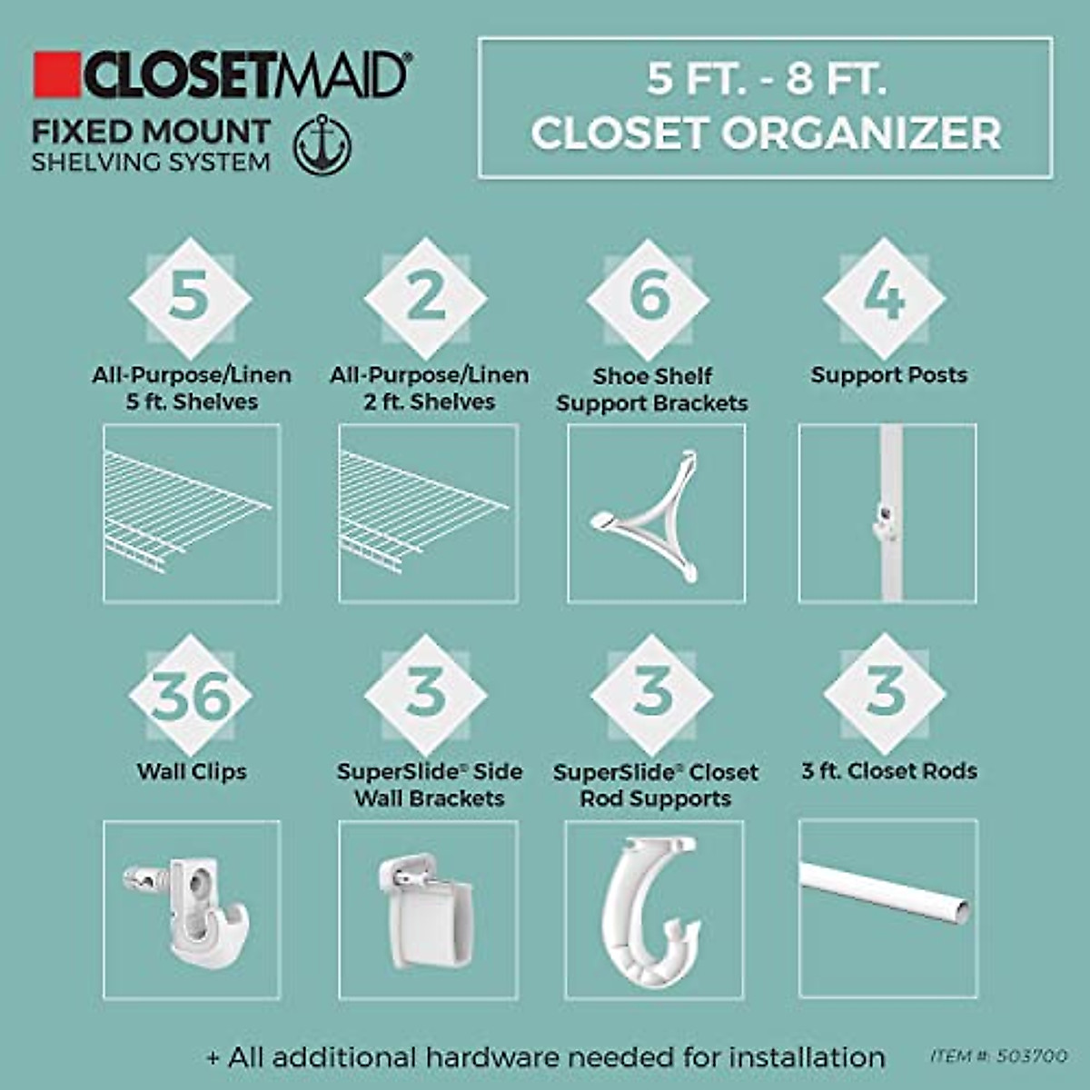 ClosetMaid 5037 5ft. to 8ft. Fixed Mount Closet Organizer Kit, White