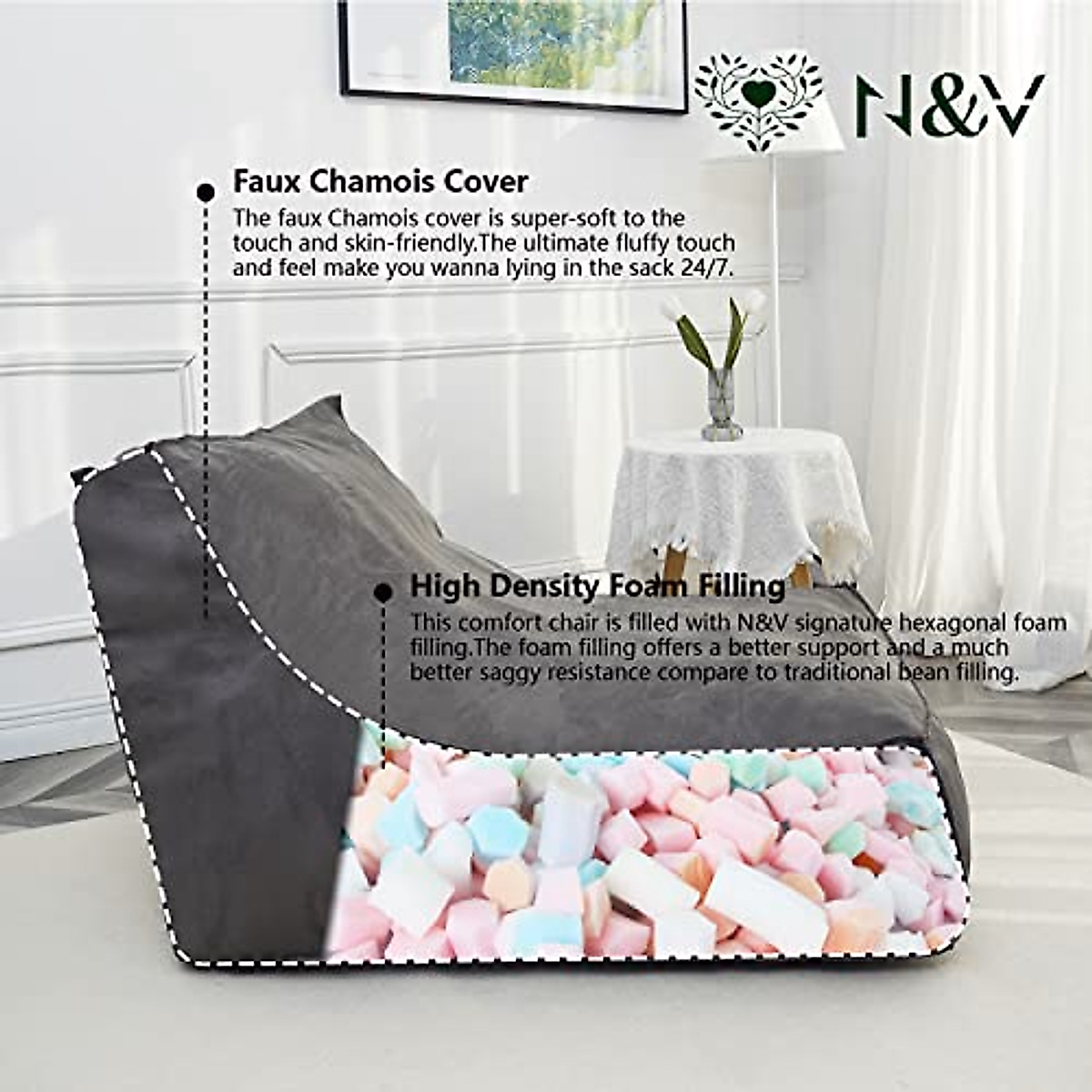 N&V Giant Foam Filling Floor Sofa, Extra Large High Density Foam Bean Bag, Faux Chamois Cover, Independent Linen (Grey, with Ottoman)