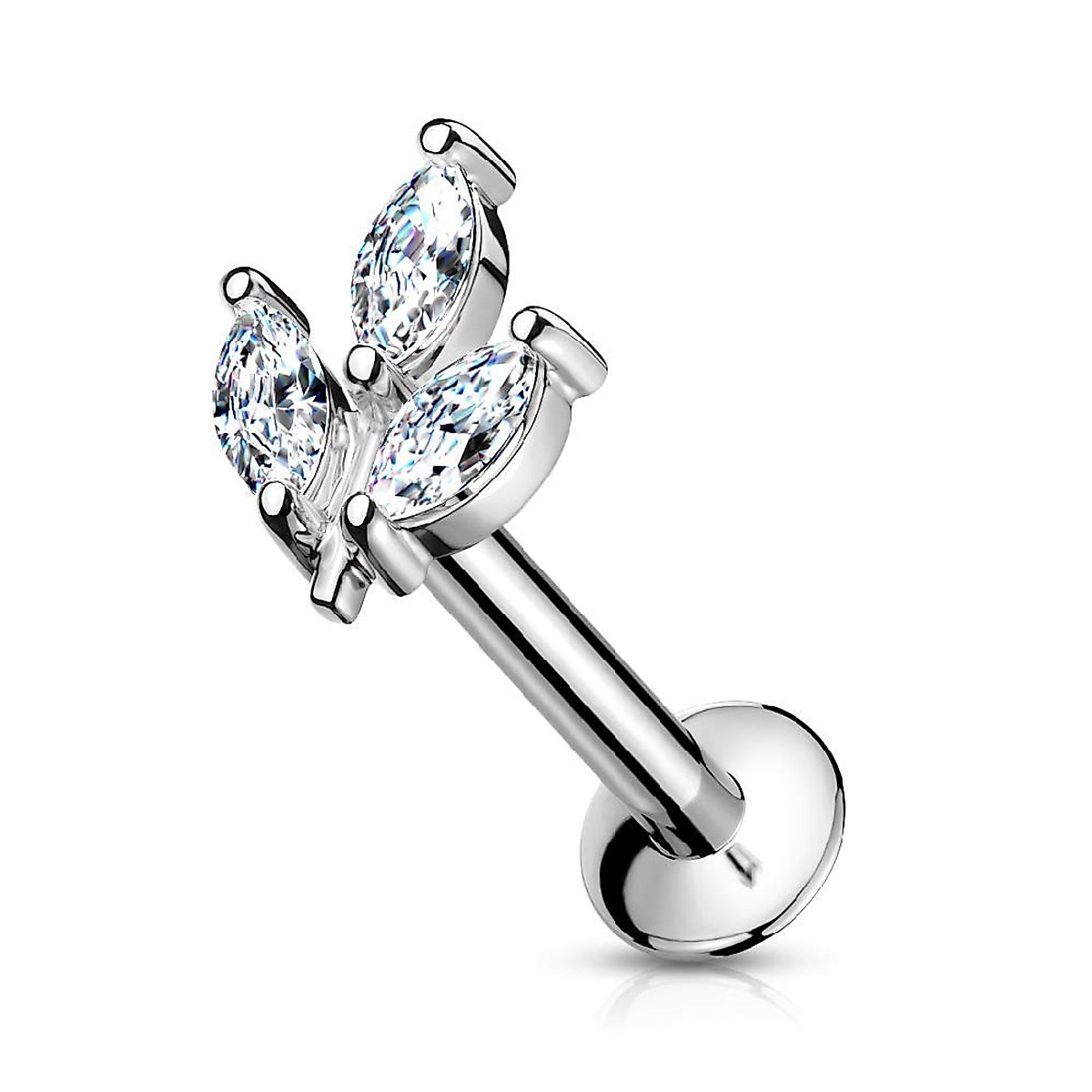 Pierced Owl 16GA Triple Crystal Marquise Stainless Steel Threadless Push In Flat Back Labret Monroe Lip Stud (Silver Tone - 6mm (1/4"))