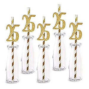 25th Birthday Paper Straw Decor, 24-Pack Real Gold Glitter Cut-Out Numbers Happy 25 Years Party Decorative Straws