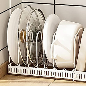 Rerii Pan Organizer Rack for Cabinet, Expandable Pots and Pans Organizer Rack, Cutting Board Pot Lid Holder Dish Drying Racks with 10 Adjustable Dividers for Kitchen Counter