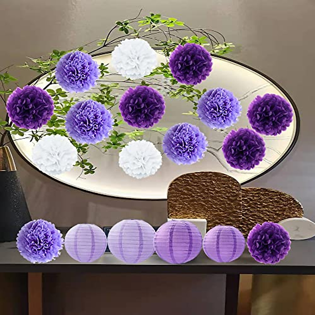 16Pcs of Tissue Paper Pom Poms Mixed Paper Lanterns Craft Kit, Suitable for Lavender Purple Theme Party/ Baby Shower /Birthday Party Decoration/Bridal Shower/Wedding Party Decoration （Purple）