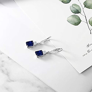 Gem Stone King 925 Sterling Silver Blue Created Sapphire Dangle Earrings For Women (5.40 Cttw, Gemstone September Birthstone, Octagon 9X7MM)