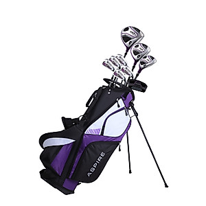 Aspire XD1 Ladies Womens Complete Right Handed Golf Clubs Set Includes Titanium Driver, S.S. Fairway, S.S. Hybrid, S.S. 6-PW Irons, Putter, Stand Bag, 3 H/C's Purple (Right Hand Petite -1")