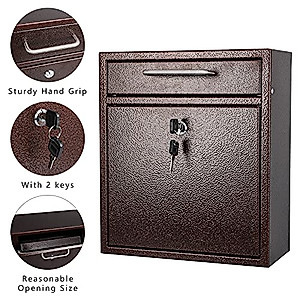 KYODOLED Steel Key Lock Mail Boxes Outdoor,Locking Wall Mount Mailbox,Security Key Drop Box,12Hx 10.51Lx 4.68W Inches,Bronze Large