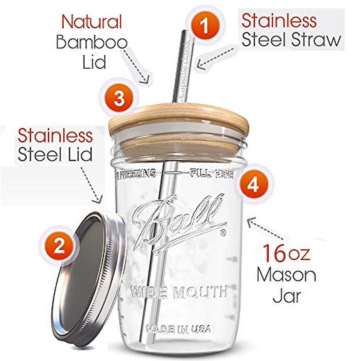 Reusable Boba Bubble Tea & Smoothie Cups - 2 Glass Wide Mouth 16oz Mason Jars with Bamboo Lids - 2 Reusable Silver Stainless Steel Boba Straws
