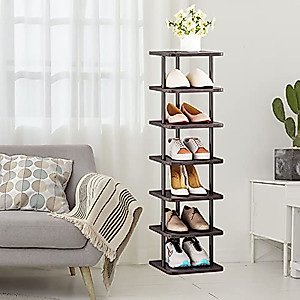 SORCEDAS Shoe Rack Organizer 7 Tier Vertical Storage Stand Narrow Shelf for Small Spaces Entryway Corner Closet Door Bedroom Black (Black + Rustic Dark Brown, 7 Tier-Small)