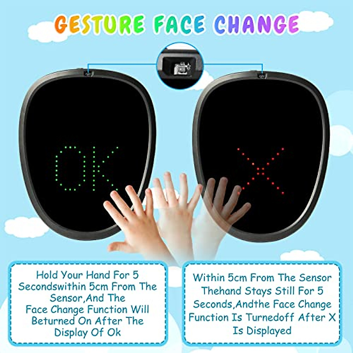 Ompusos LED Mask for kids - Gesture Sensing Transforming Light Up Face Mask for Halloween Rave, Birthday, and Masquerade Parties