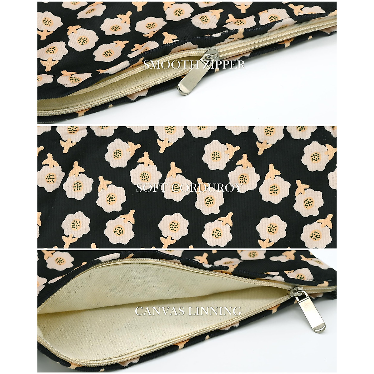 MOMOJULI Corduroy Makeup Bag Cosmestic Bag Large Capacity Ladies Women Aesthetic Make Up Organizer Accessories Zipper Pouch Purse （Beige+Black Flowers）