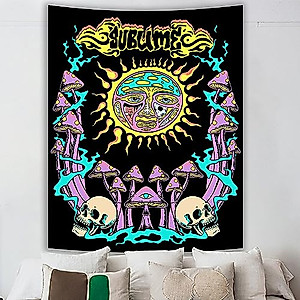 Miytal Blacklight Sun Tapestry, UV Reactive Hippie Aesthetic Mushroom Poster, Skull Vertical Glow in The Dark Tapestry for Bedroom - 44" x 59"