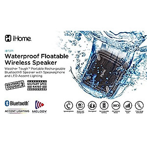 iHome iBT371 Weather Tough Portable Rechargeable Bluetooth Speaker with Speakerphone and LED Accent Lighting (Mini)