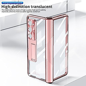 PUROOM for Samsung Galaxy Z Fold 5 Hinge Coverage Protective Case Transparent Plating PC with Pen Holder Kickstand Screen Protector All-Inclusive Case (z fold 5, Rose Gold)