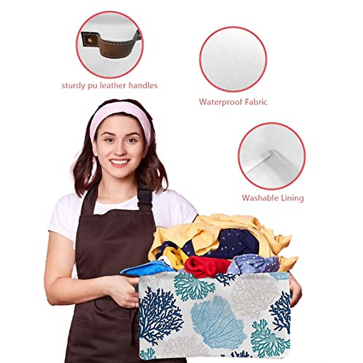 Blue Teal Coral Storage Basket Waterproof Cube Storage Bin Organizer with Handles, Summer Beach Coastal Modern Geometric Collapsible Storage Cubes Bins for Clothes Books Toys 15"x11"x9.5" 2 Pcs