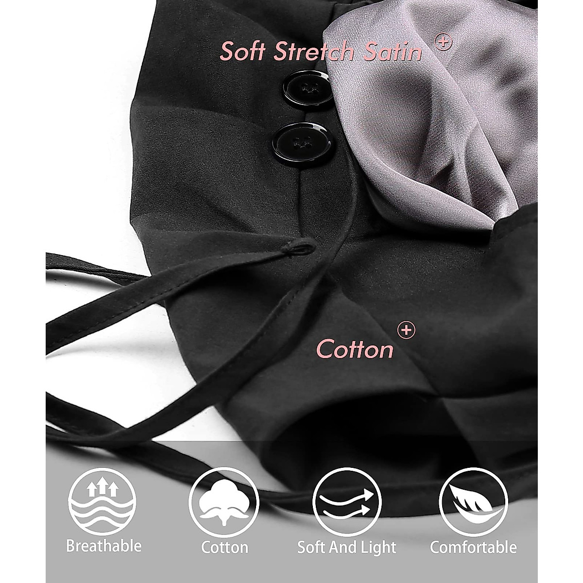 Silk Lined Work Cap with Button for Long Ponytail Hair Women Black