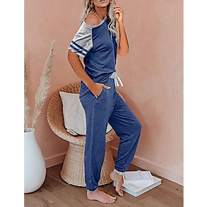 AUTOMET Lounge Sets For Women Two Piece Outfits Loungewear Short Sleeve Crewneck Jogger Pajama Set Sweatpants Tracksuit Blue M