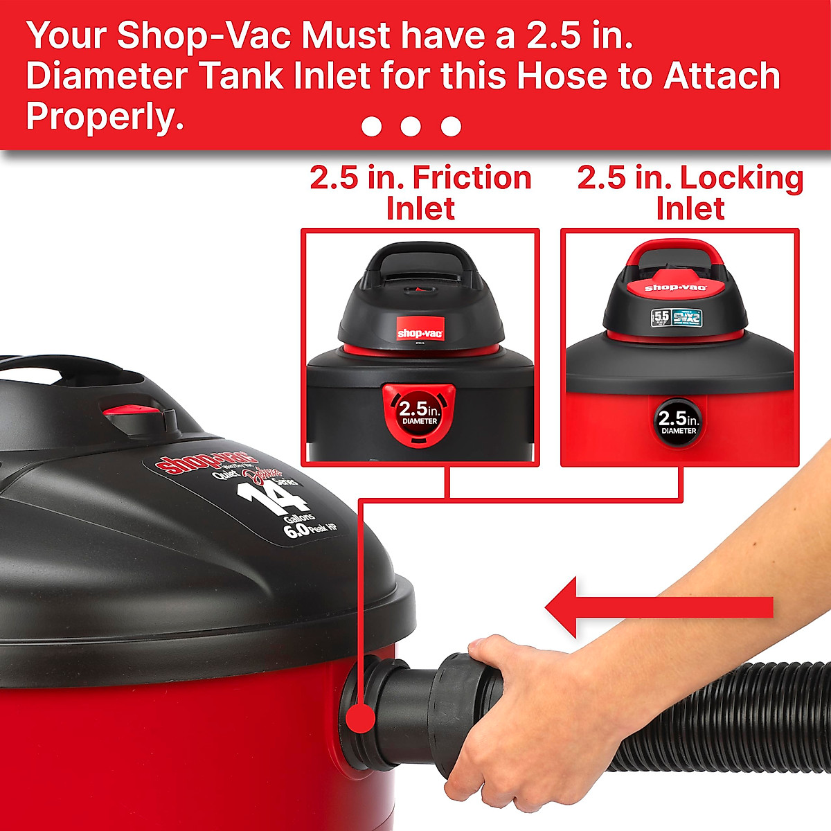 Shop-Vac 9050333 Hose, 2.5 in Diameter x 8 Ft Length, Long Reach, Vacuum Hose, Black, (1 Pack)