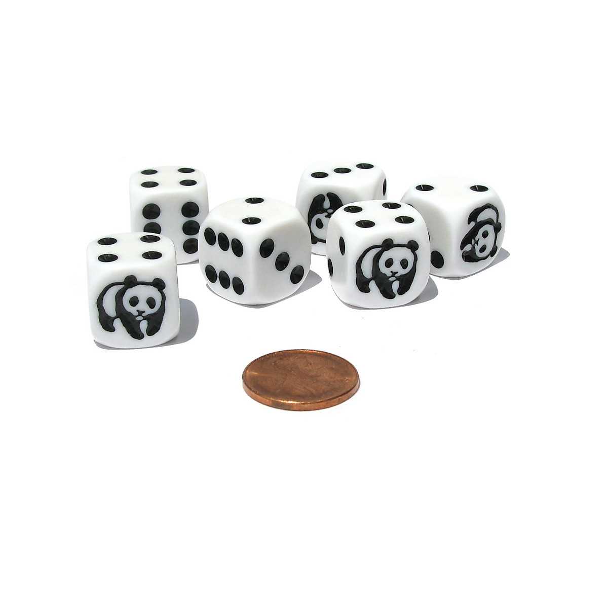 Set of 6 Panda 16mm D6 Round Edged Koplow Animal Dice - White with Black Pips
