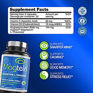 Magtein Magnesium L-Threonate, Improve Brain Health, Memory, Cognition, Stress Relief and Sleep Quality - 60 Veg Capsules (30 Days Supply)