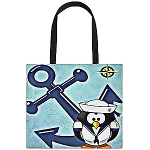 QsirBC Captain Penguin Anchor Canvas Tote Bag for Women Reusable Shoulder Totebag with Pocket Casual Handbag for Shopping Work Travel Gift