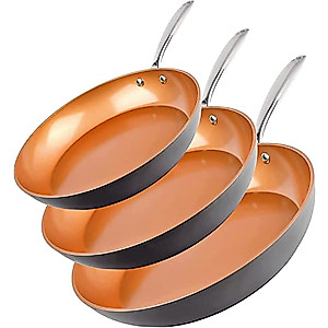 Gotham Steel Hard Anodized 8” 10” & 12” Premium Chef’s Skillet Set, with Ultimate Nonstick Ceramic & Titanium Coating, Oven and Dishwasher Safe, Brown, Large