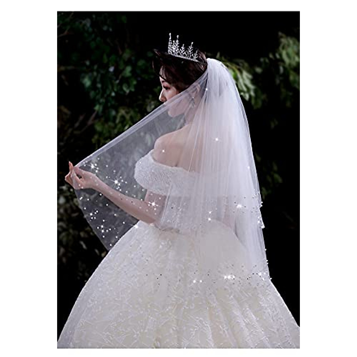AMAJIERUIZE Women's Short 2 Tier Pearls Wedding Bridal Veil With Metal Comb (Ivory)