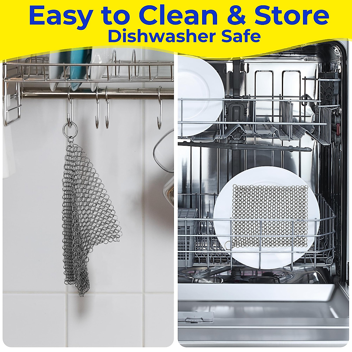 Amagabeli Cast Iron Cleaner 8"x6" Rectangle Metal Scrubber with Hanging Ring 316 Premium Stainless Steel Chainmail Scrubber for Cast Iron Pans CS03