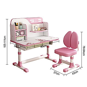 Small Desk, Standing Desk, Desk Chair Set, Height Adjustable Children School Study Table Chair Set with Astronaut Pattern, Ergonomic Desk Chair with Large Writing Board, Bookshelf and Drawer (Pink)