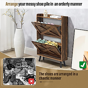 Incbruce Shoe Storage Cabinet with 2 Flip Drawers, Freestanding Ultra-Thin Shoe Cabinet with Wooden Legs for Entryway, Hallway, Bedroom (Brown - Small)