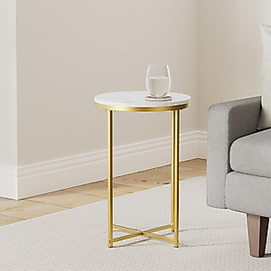 TECHMILLY Round End Table, Faux Marble Sofa Table, Accent Side Table with Metal Frame, Modern Gold Nightstand, Tall Coffee Table for Living Room, Bedroom-2 Packs