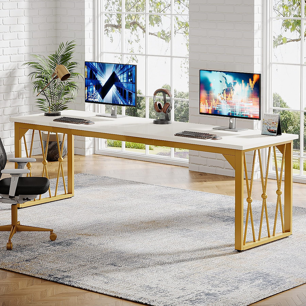 Tribesigns 78.7-Inch Two-Person Desk Extra Long Computer Desk, Double Computer Desk 2 Person Workstation Table for Home Office (Gold and White)