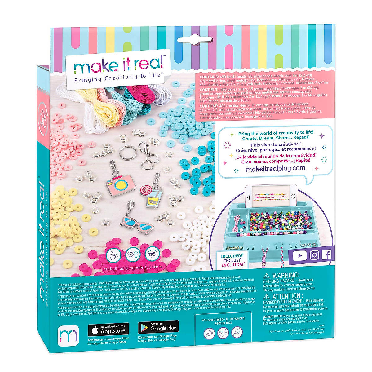 Make It Real - Summer Vibes Heishi Bead Bracelets - DIY Charm Bracelet Making Kit with Case - Friendship Bracelet Kit with Beads, Charms & Thread - Arts & Crafts Bead Kit for Girls - Makes 5 Bracelets