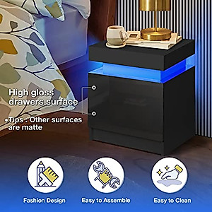 HOMMPA LED Nightstand Black Nightstand with Led Lights Modern Night Stand with 2 High Gloss Drawers Led Bedside Table Smart Nightstand for Bedroom 20.5” Tall