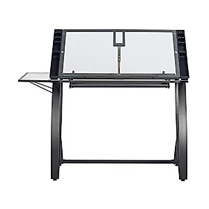 SD STUDIO DESIGNS Futura Luxe Drawing, Drafting, Craft Table with Drawer, 35" Wide Angle Adjustable Top and Side Shelf, Pewter Grey/Clear Glass